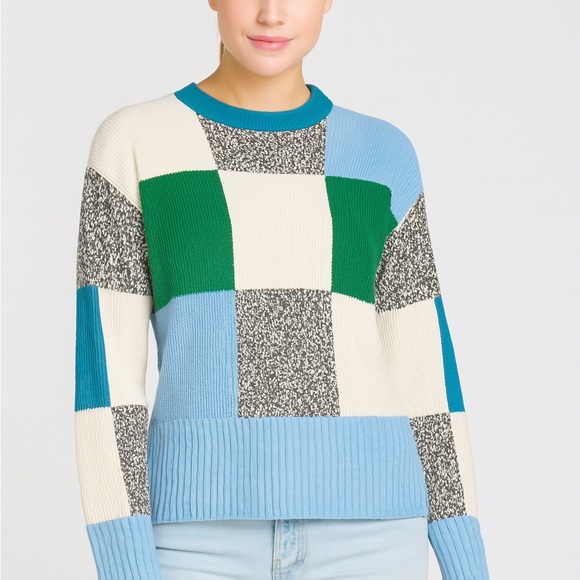 Attitude Unknown | Sweaters | Patchwork Crew Neck Sweater In Blue Green ...